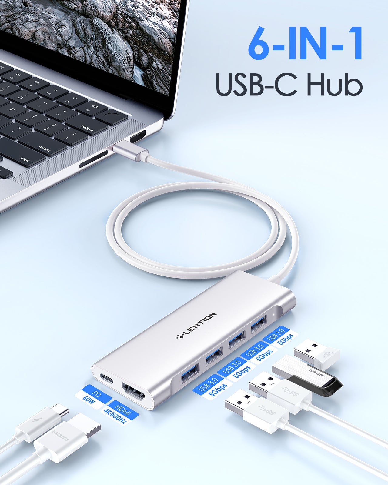 LENTION 6 in 1 Long Cable USB C Multi-Port Hub|Lention
