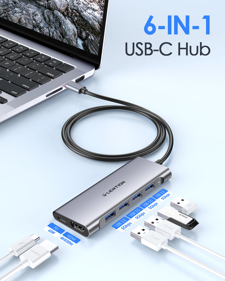 LENTION 6 in 1 Long Cable USB C Multi-Port Hub|Lention